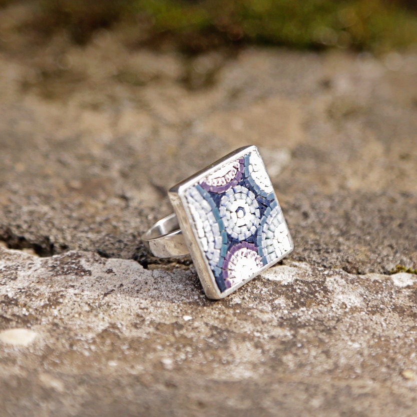 Micromosaic Ring Blue Geometric Design Sterling Silver | Etsy