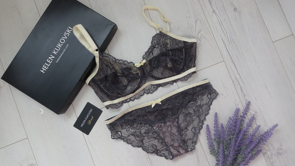 Lace Lingerie Set Gray Lace Bra And Panties Set Sexy Sheer Etsy