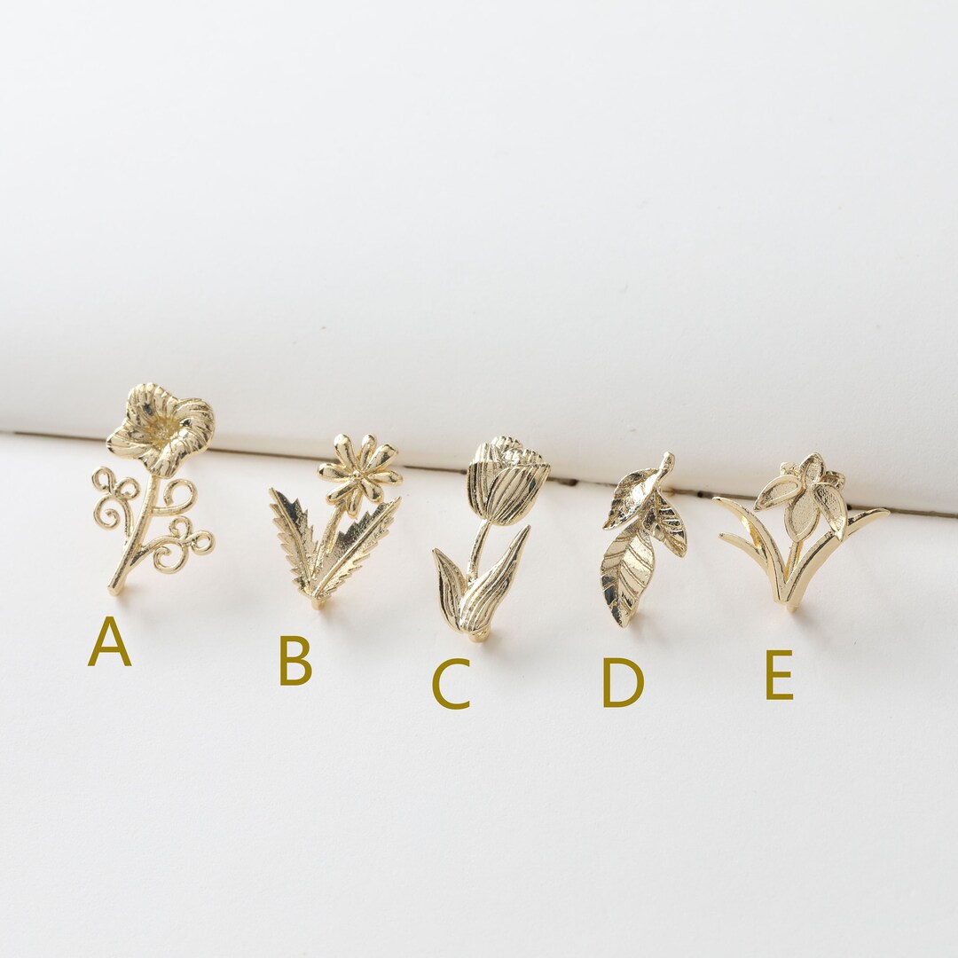 2pairs/5pairs 14K Gold Plated Brass Flower Ear Studs Plant Earring ...