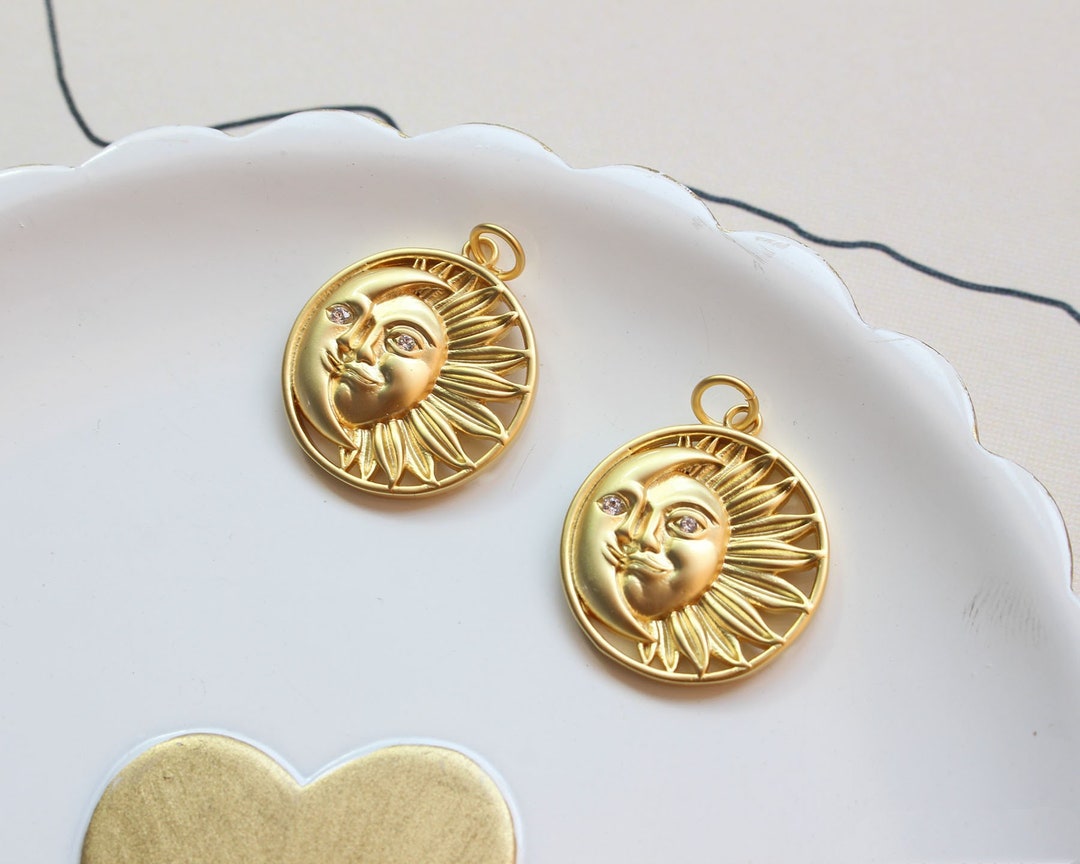 1pc/2pcs/5pcs 20mm 18k Gold Plated Brass Zircon Sun Moon Charm Pendants ...
