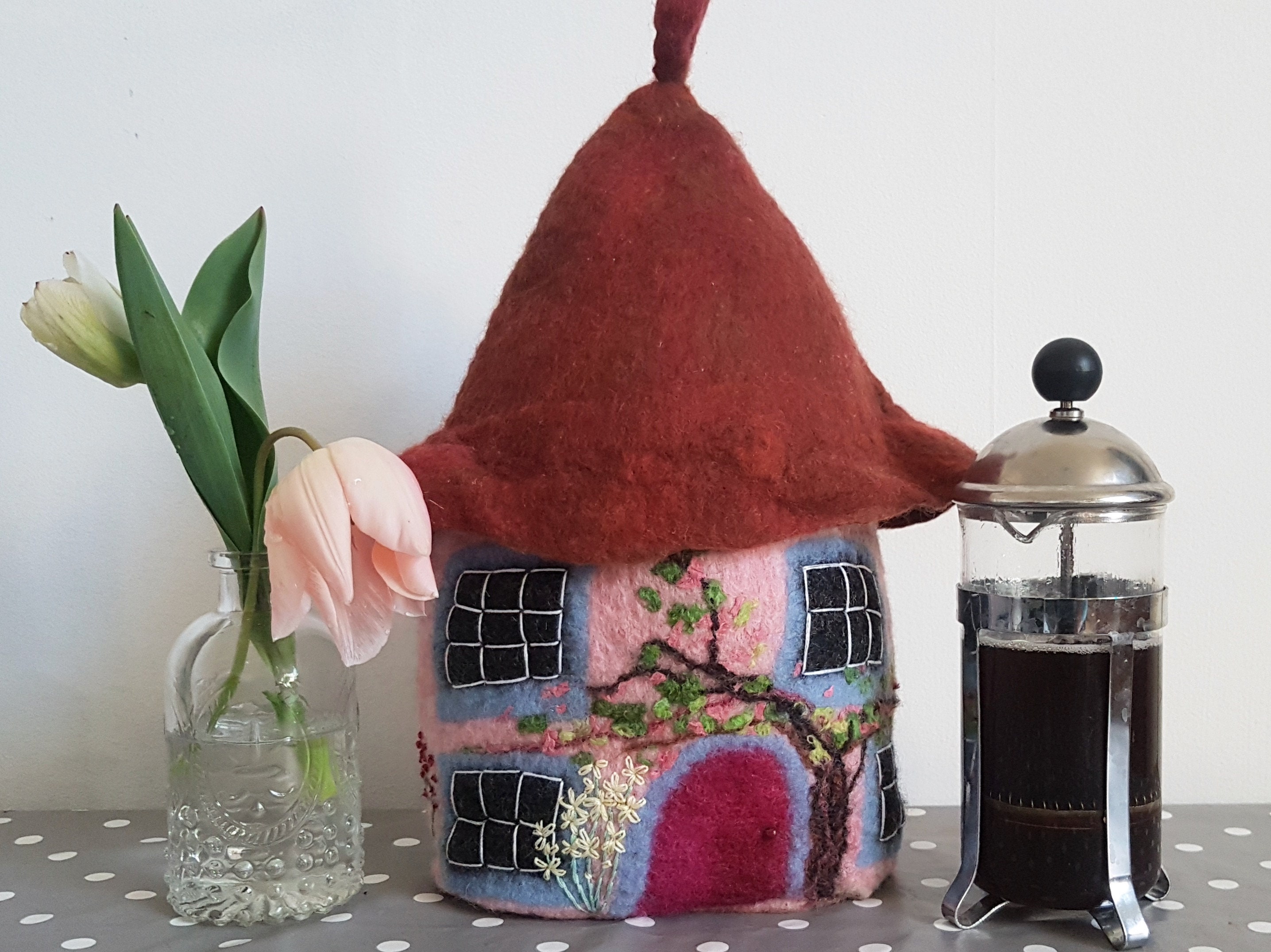 Felted Cottage Tea Cosy and Cafetiere Warmer, Thatched Cottage Handmade ...