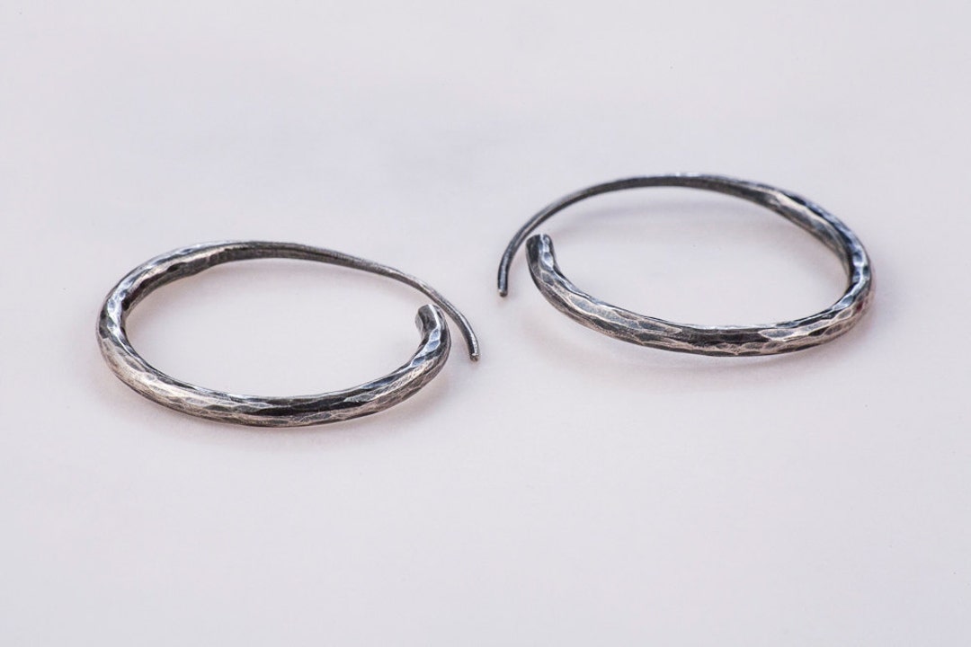 Large Silver Hoops, Oxidized Silver Hoops, Round Wire Hoops, Hammered ...