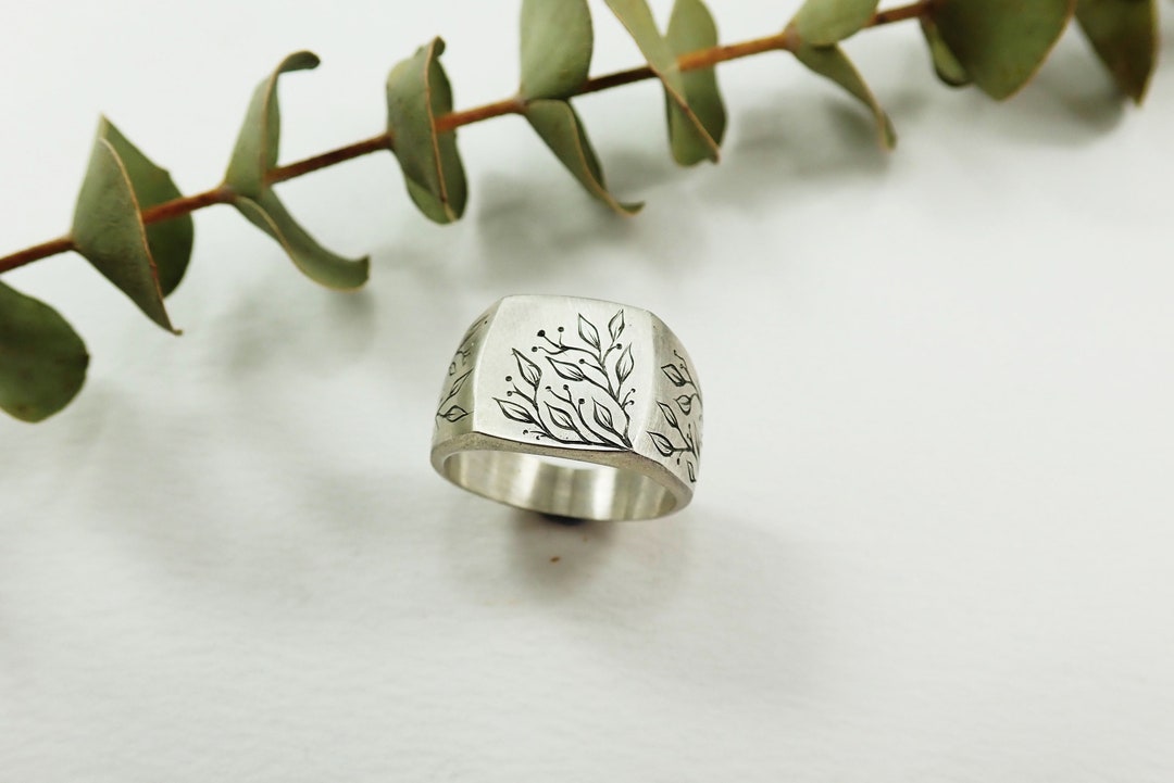 Engraved Leaf Sterling Silver Signet Ring: Botanical Statement Jewelry ...