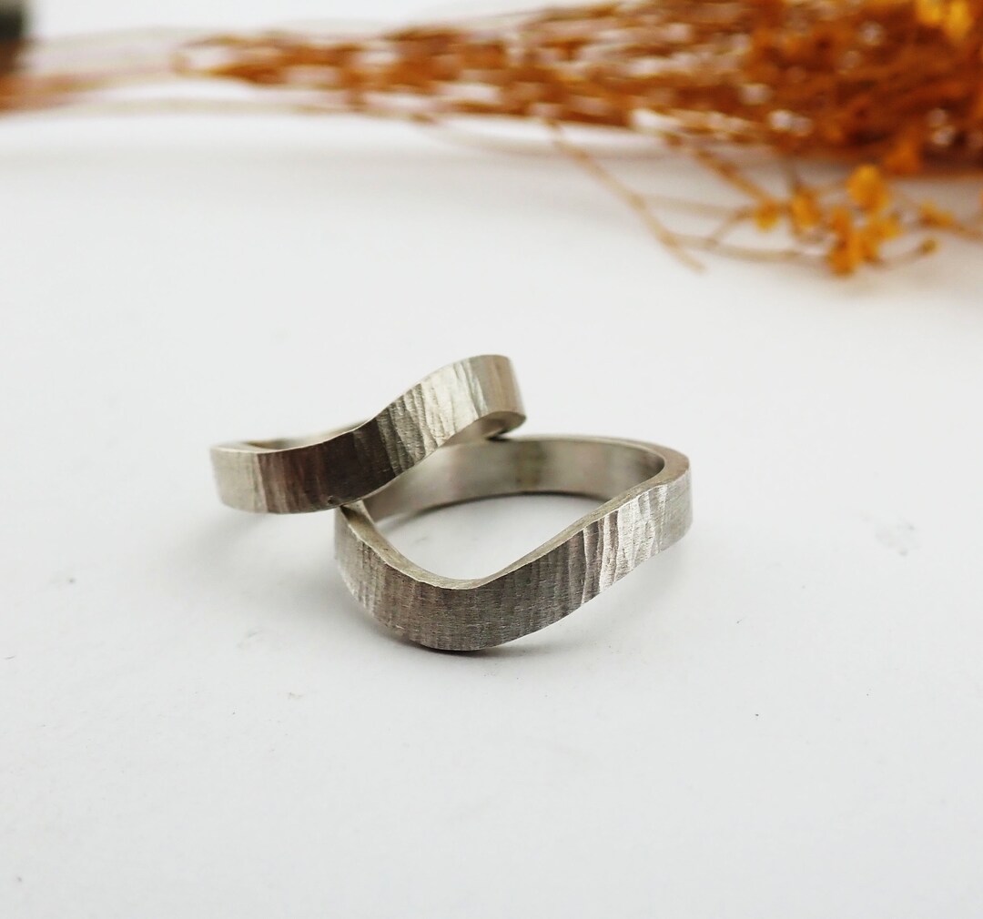 Textured Silver Curved Wavy Wedding Bands, Striped Textured Silver Wavy ...