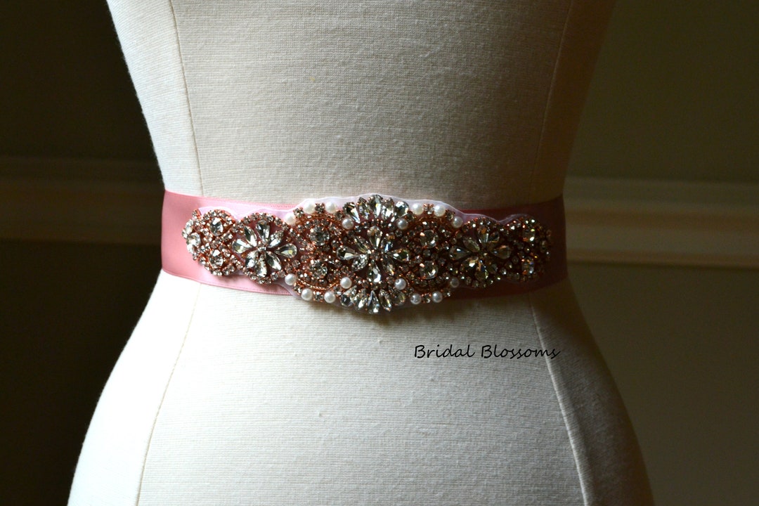 ROSALEE Rose Gold Bridal Sash | Rhinestone Pearl Wedding Dress Sash ...
