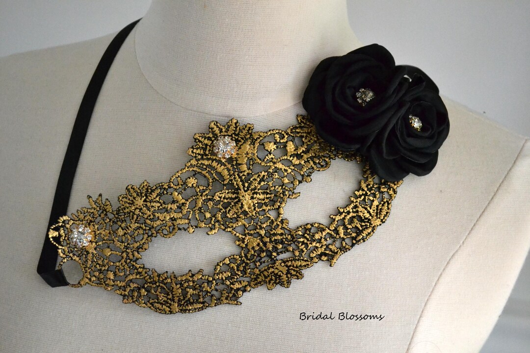 Elegant Lace Masquerade Mask | Black Gold Lace Mask With Optional ...