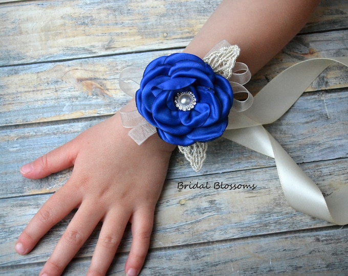 Child Royal Blue Ivory Flower Wrist Corsage Vintage Inspired Wedding ...