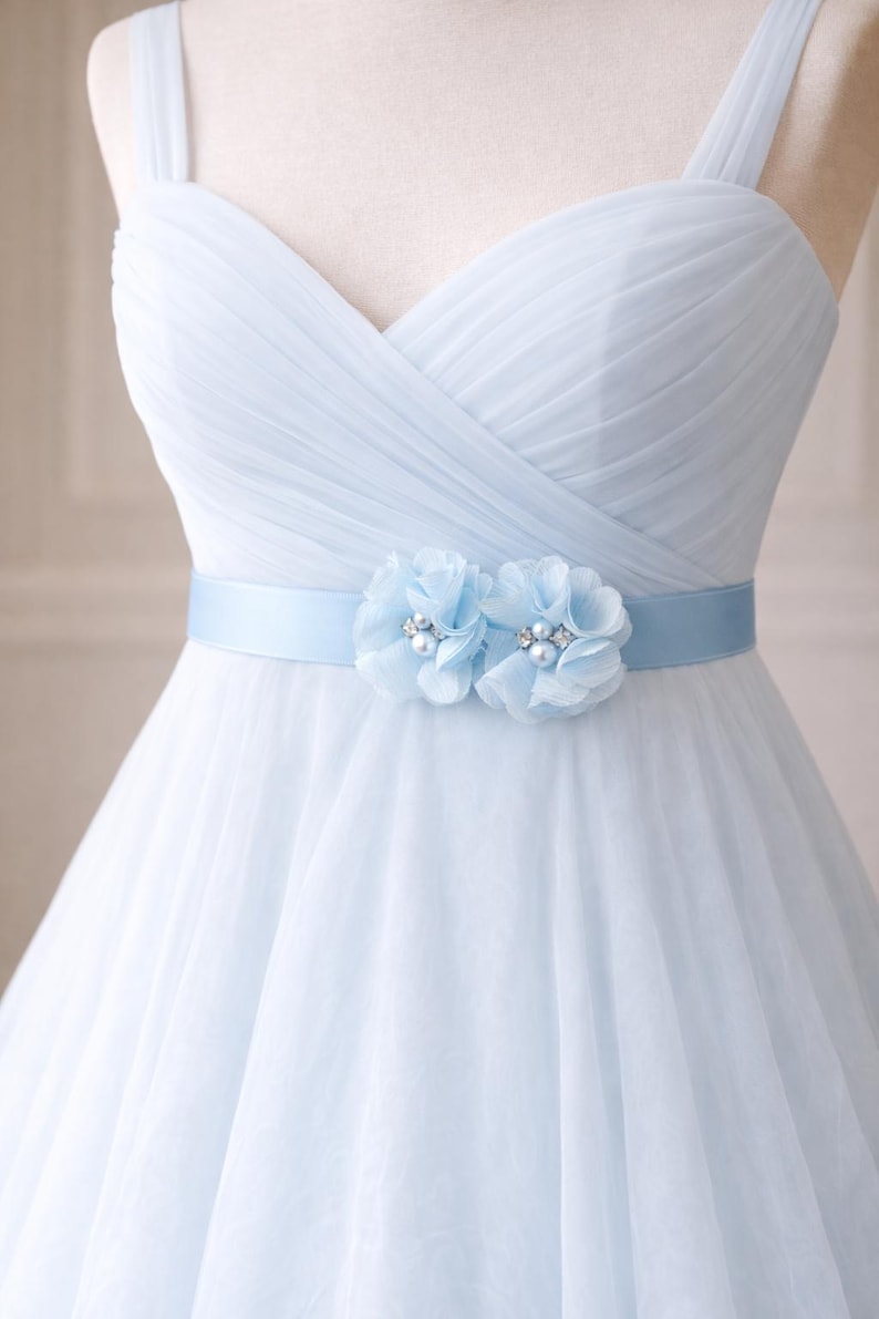 BELLA Light Blue Chiffon Flower Sash - Pearl & Rhinestone Bridal Belt ...