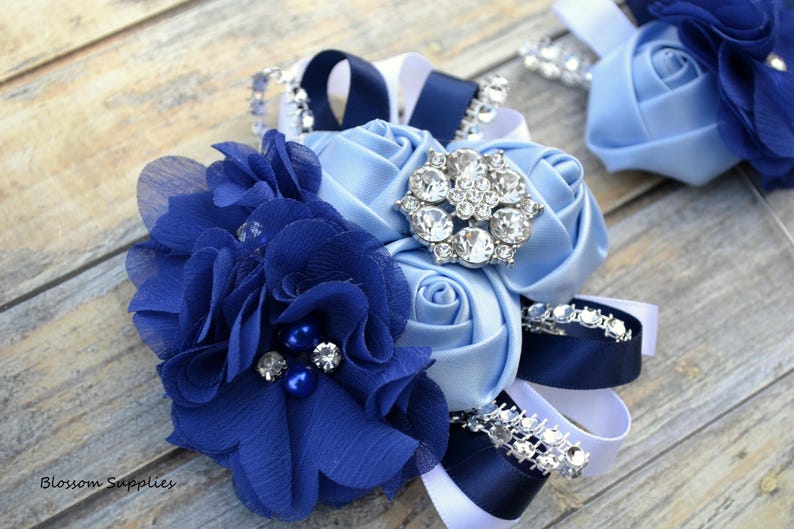 Dusty & Royal Blue Flower Wrist Corsage Boutonniere Set | Wedding ...