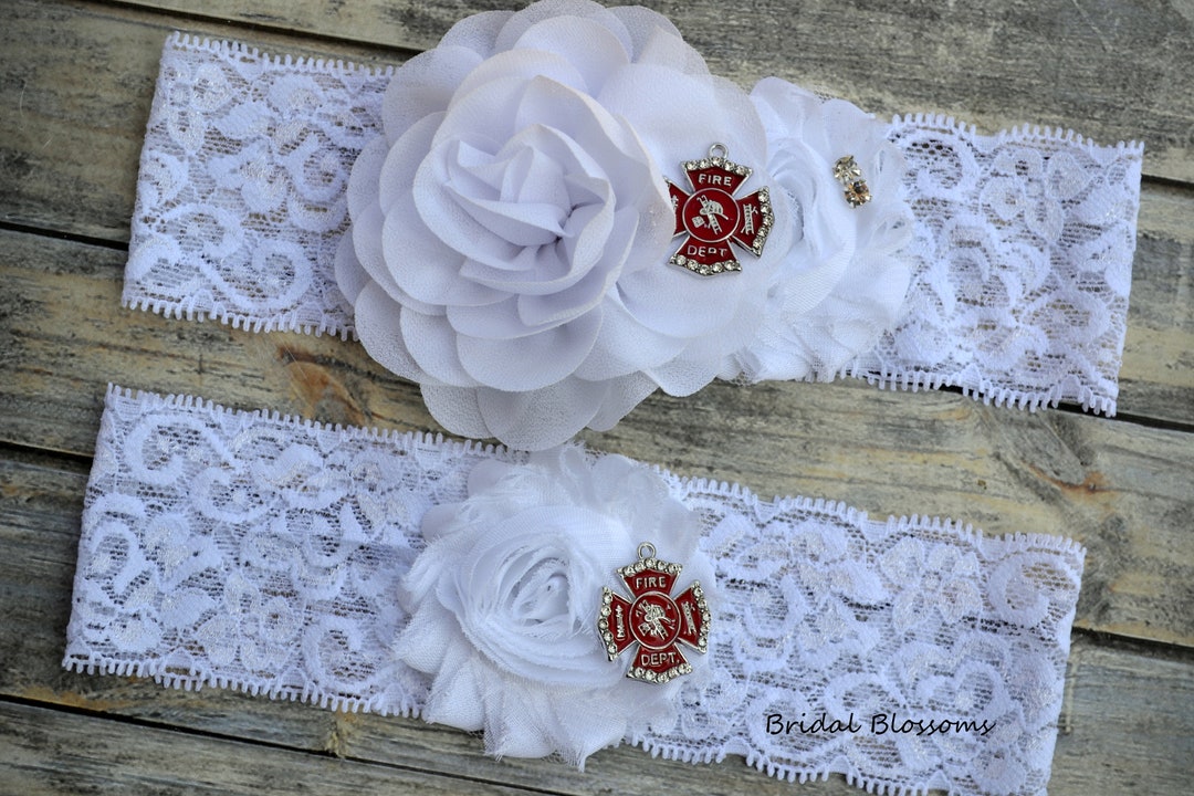 Fire Fighter White Bridal Garter Set | Wedding Garters | Flower Lace ...