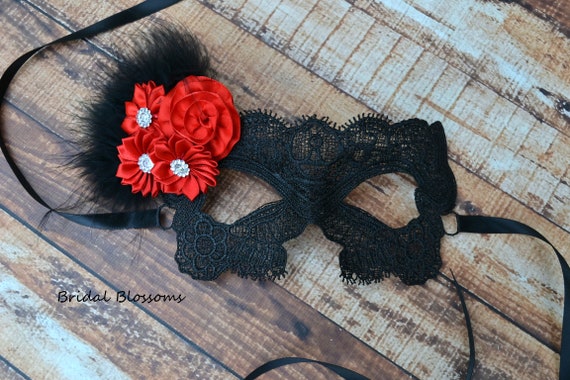 Black Red Feather Lace Flower Masquerade Mask Embroidery | Etsy