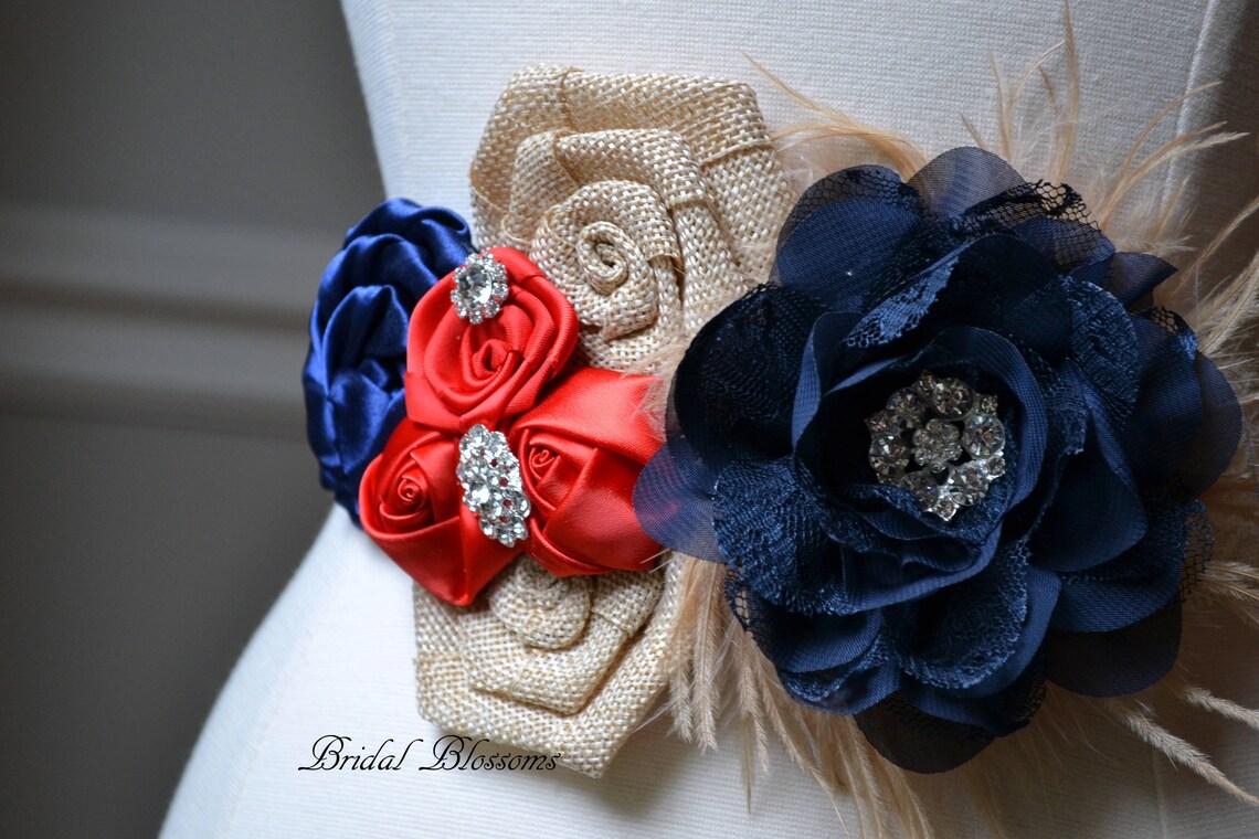 ALEX Navy Blue Red Burlap Flower Maternity OR Bridal Sash | Etsy