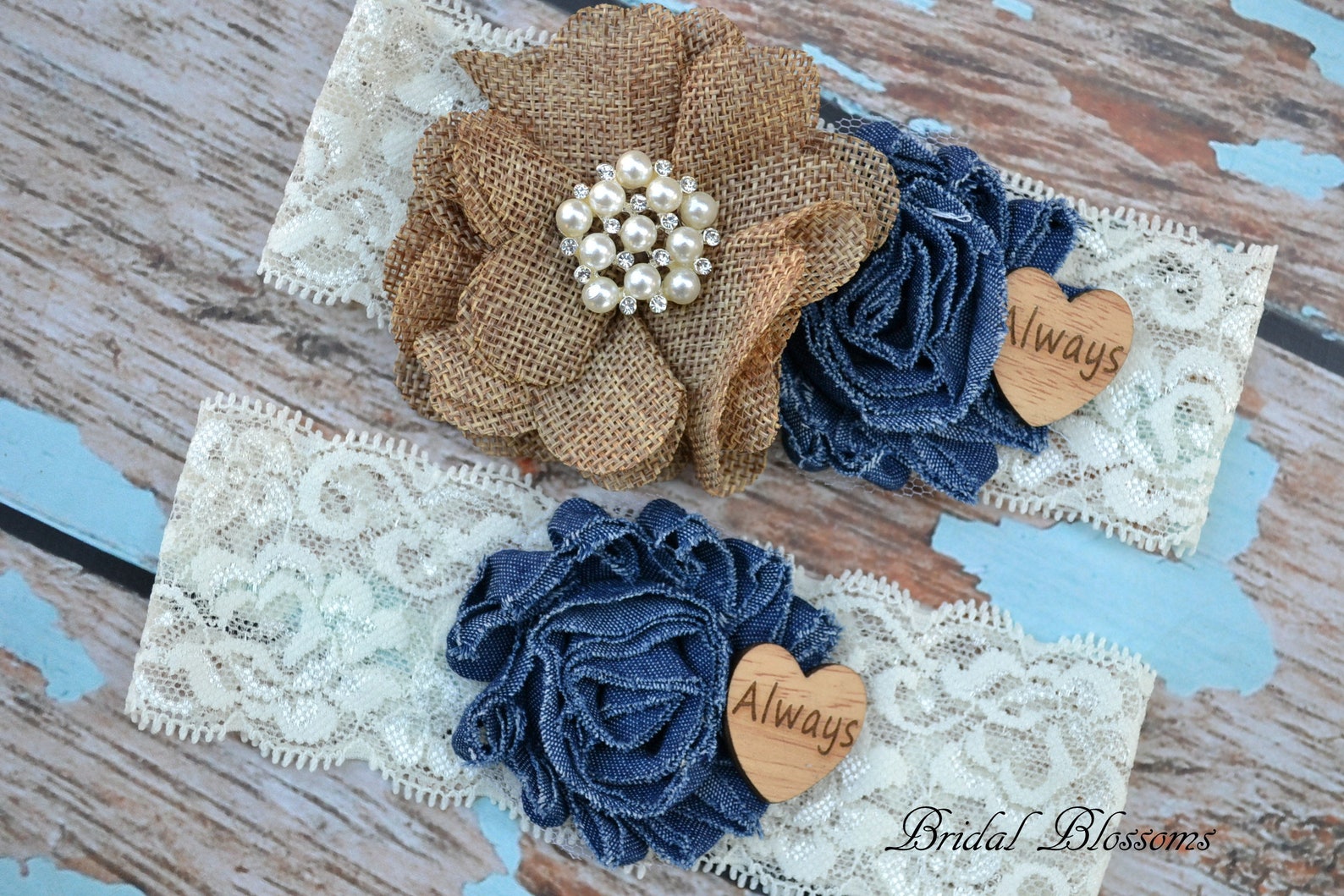 Something Blue Denim Burlap Ivory Bridal Garter Set Fabric - Etsy