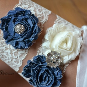 Something Blue Denim Ivory Bridal Garter Jean Fabric Flower Lace Garter ...