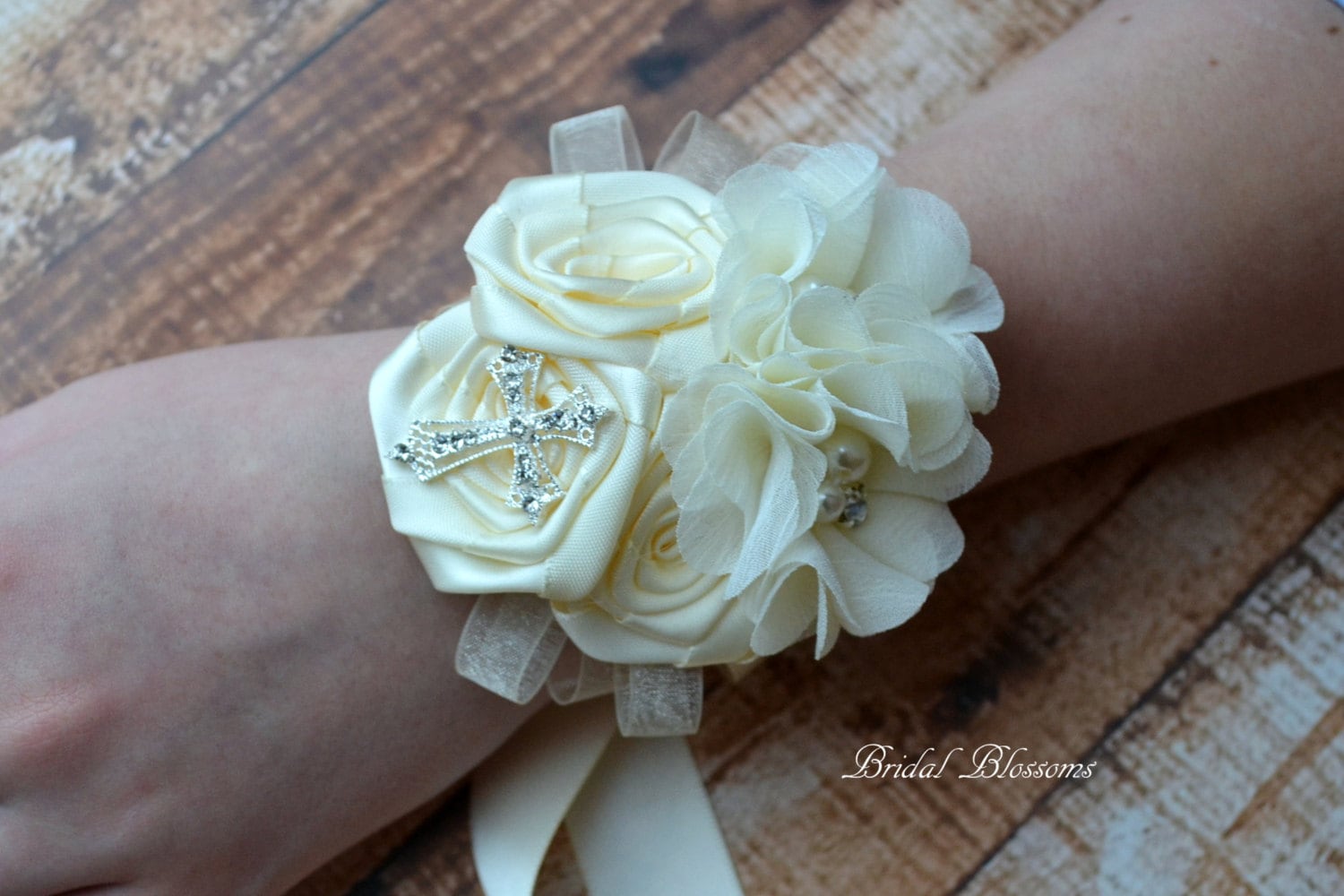 Ivory Satin Chiffon Ribbon Flower Wrist Corsage | Vintage Inspired ...