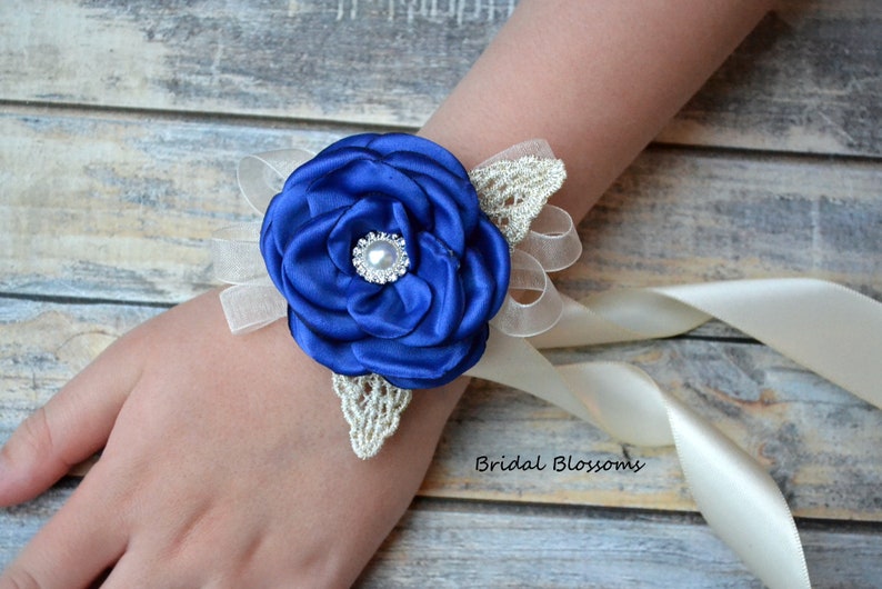 Child Royal Blue Ivory Flower Wrist Corsage | Vintage Inspired Wedding ...