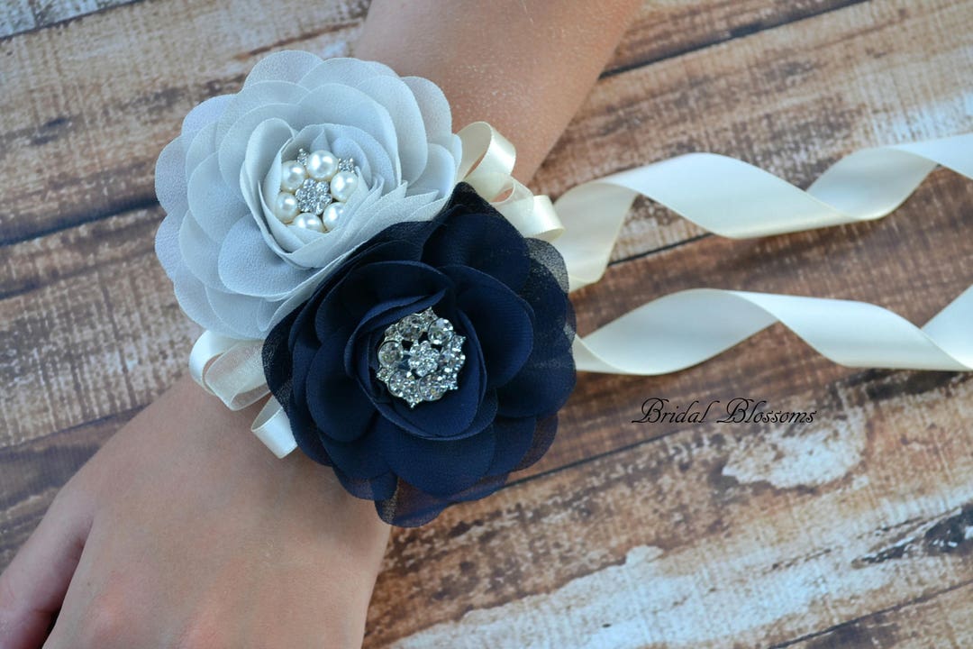 Navy Blue Gray Chiffon Flower Wrist Corsage & Boutonniere Set | Vintage ...