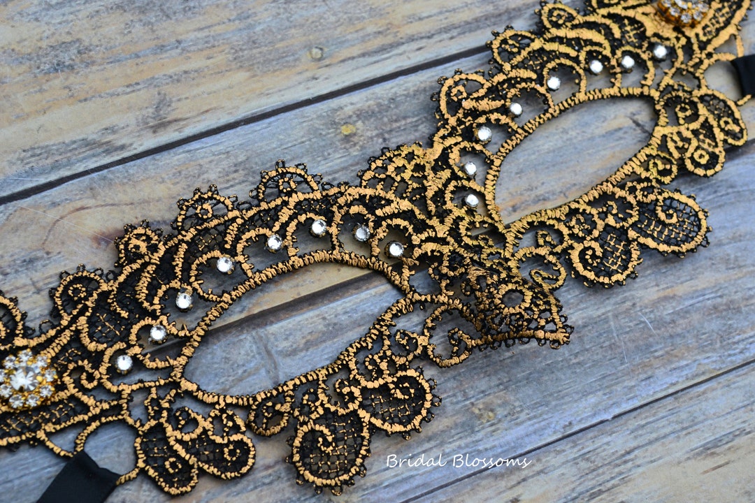 Rhinestone Embellished Gold Black Lace Masquerade Mask - Embroidery ...