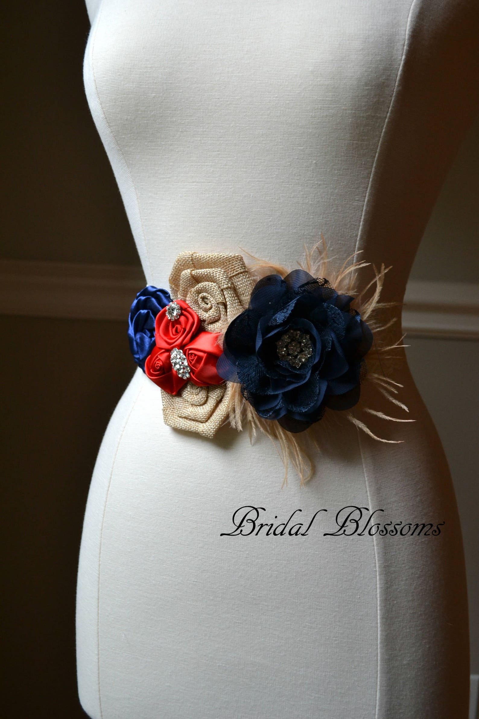 ALEX Navy Blue Red Burlap Flower Maternity OR Bridal Sash | Etsy