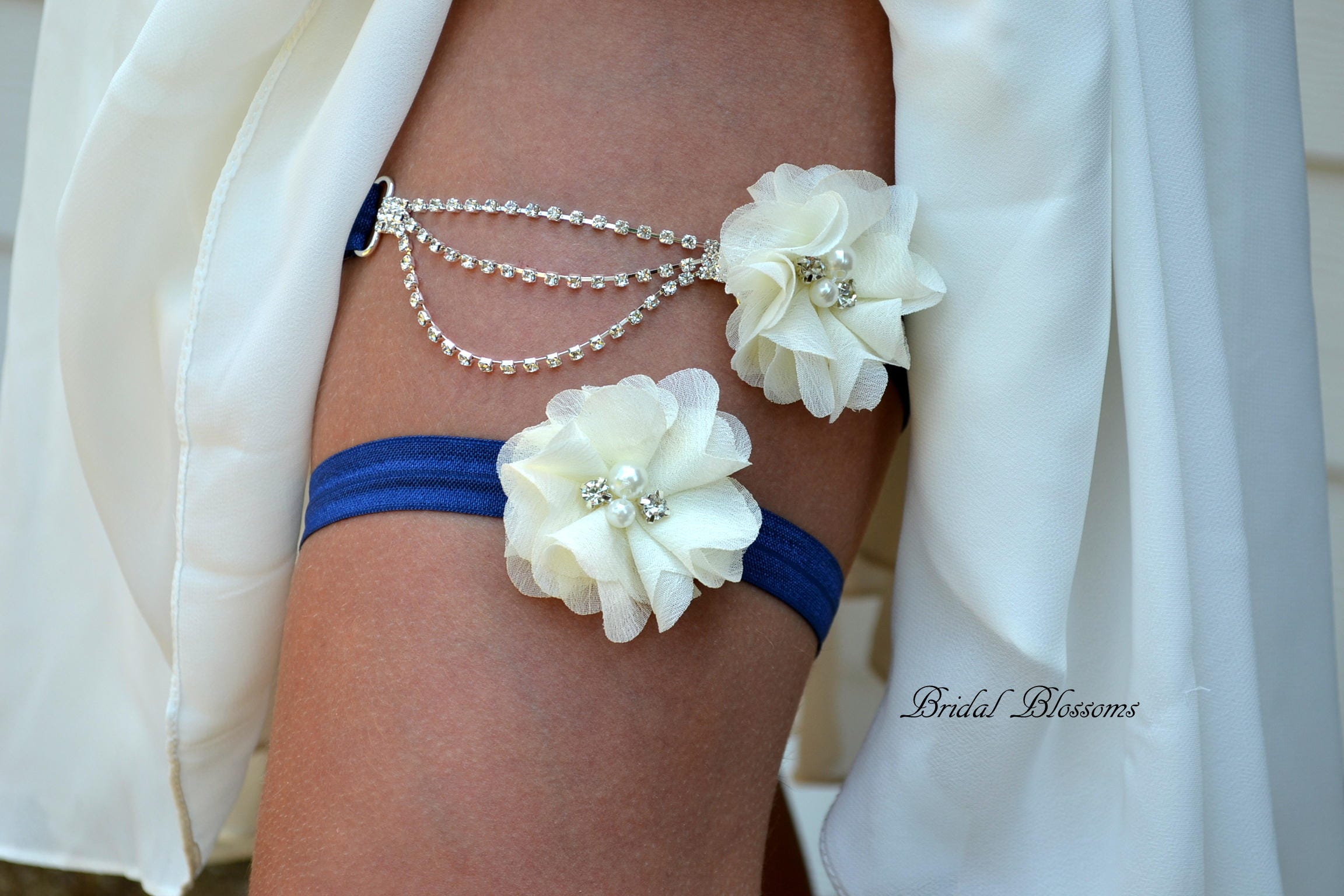 Rhinestone Bridal Garter Set | Ivory Navy Blue Elastic Garters Flowers ...