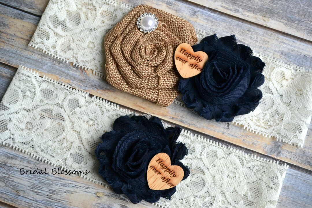 NO SLIP Navy Blue Tan Burlap Ivory Bridal Garter Set | Fabric Flower ...