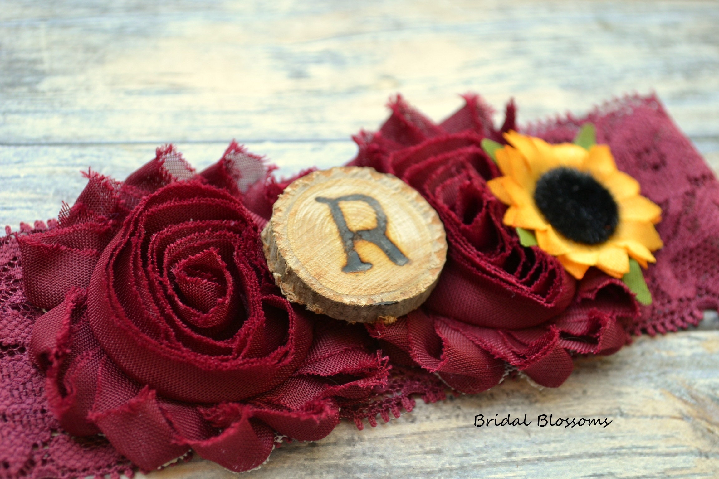 Burgundy Yellow Sunflower Bridal Garter Set With Initial | Chiffon ...