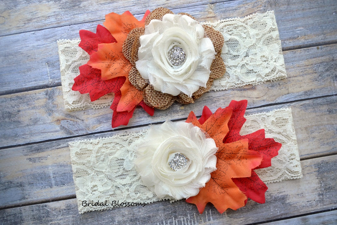 NO-SLIP Ivory Burlap Leaf Bridal Garter Set | Fabric Flower Garters ...