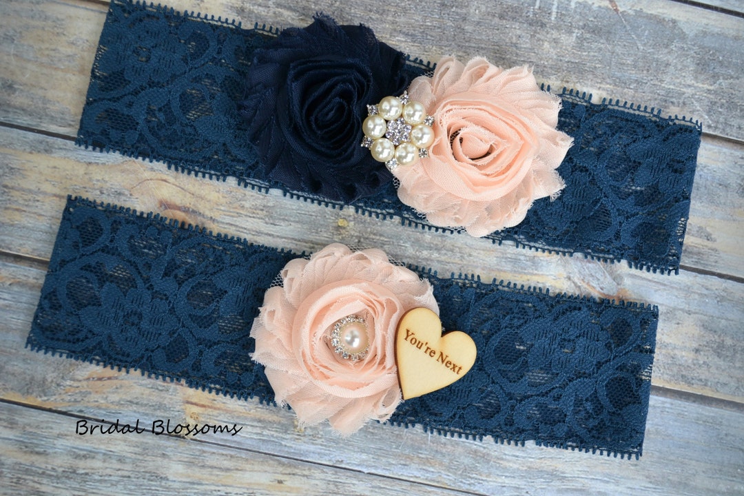 NO-SLIP Blush Navy Pearl Bridal Garter Set | Chiffon Fabric Flower Lace ...
