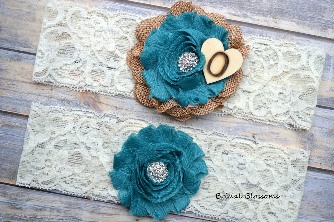NO SLIP Ivory Teal Tan Burlap Bridal Garter Set With Initial | Flower ...