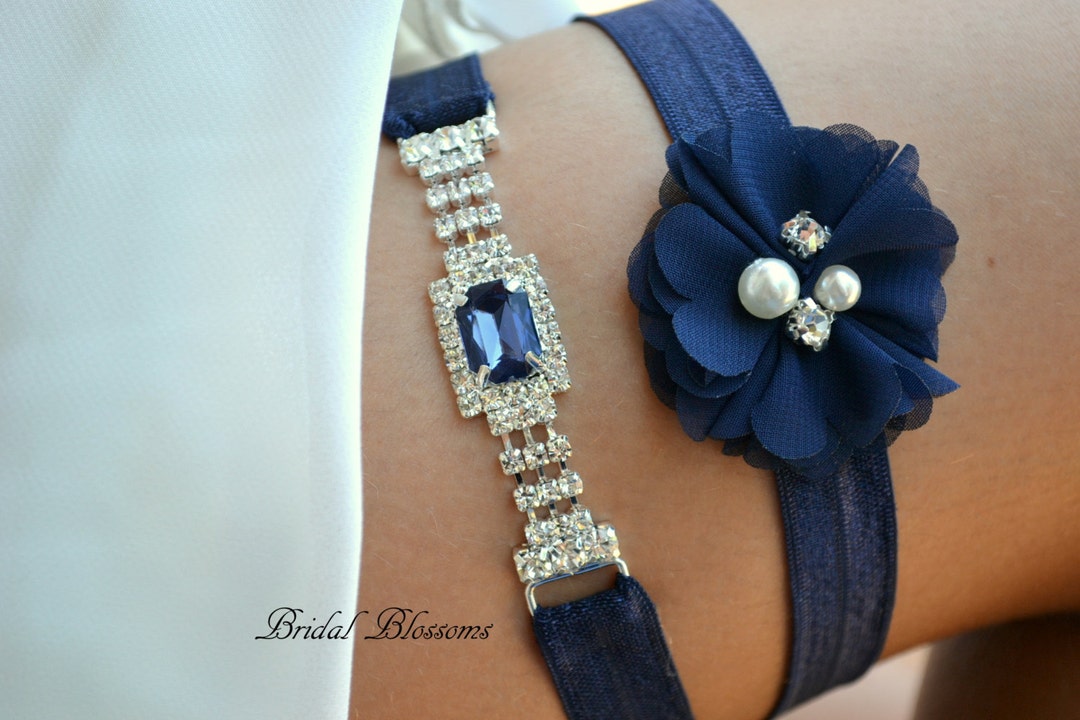 Rhinestone Bridal Garter Set | Navy Blue Elastic Garters | Rhinestone ...