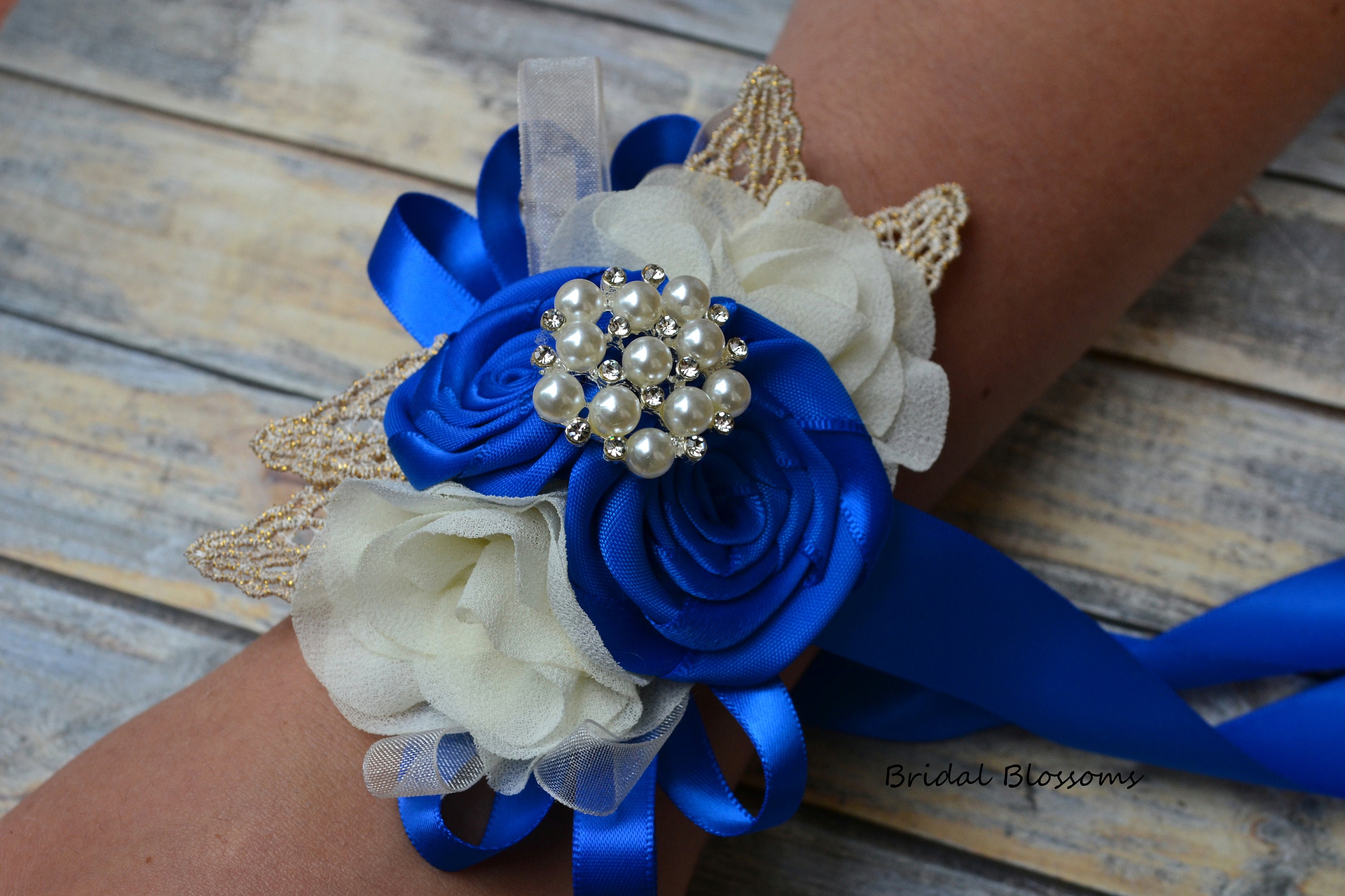 Royal Blue Ivory Flower Wrist Corsage & Boutonniere Set, Prom Corsage ...
