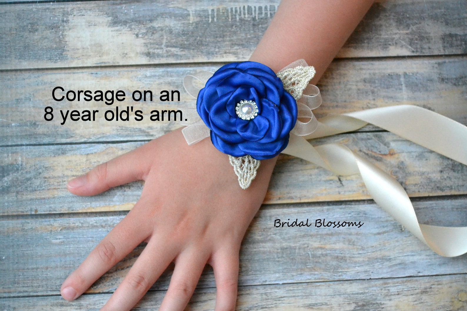 Child Royal Blue Ivory Flower Wrist Corsage | Vintage Inspired Wedding ...