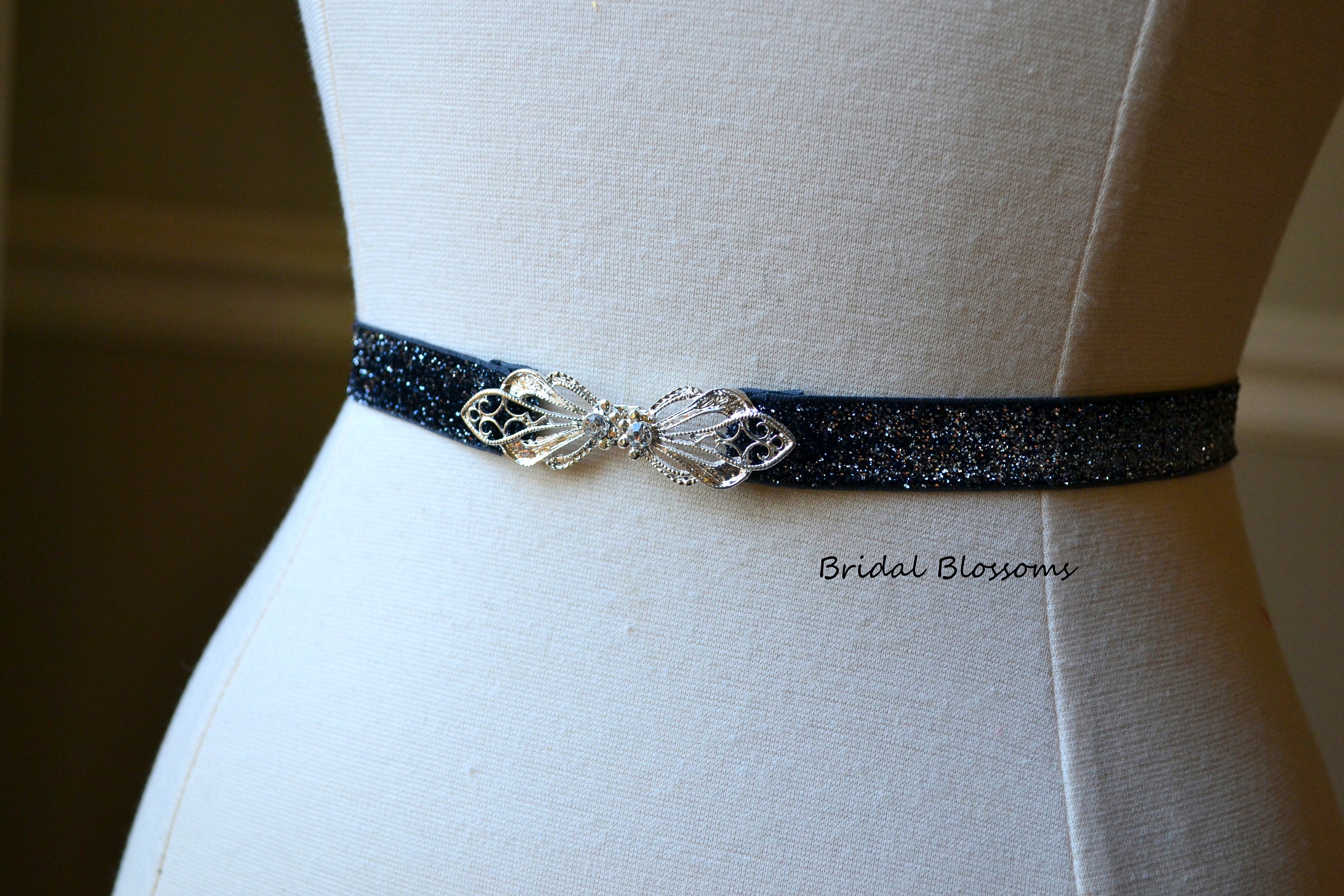Navy Blue Silver Shimmer Skinny Elastic Belt With Rhinestone Buckle ...