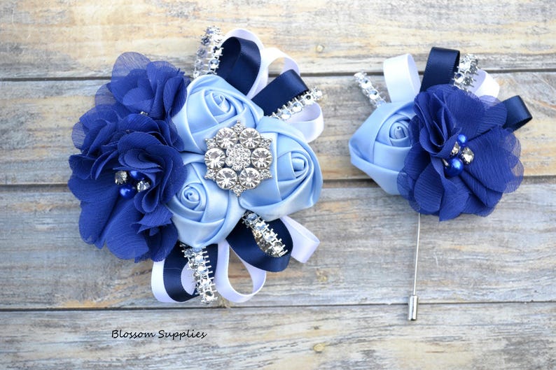 Dusty & Royal Blue Flower Wrist Corsage Boutonniere Set | Wedding ...