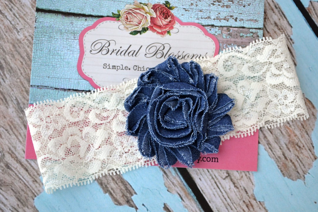 Something Blue Denim Ivory Bridal Garter Jean Fabric Flower Lace Garter ...
