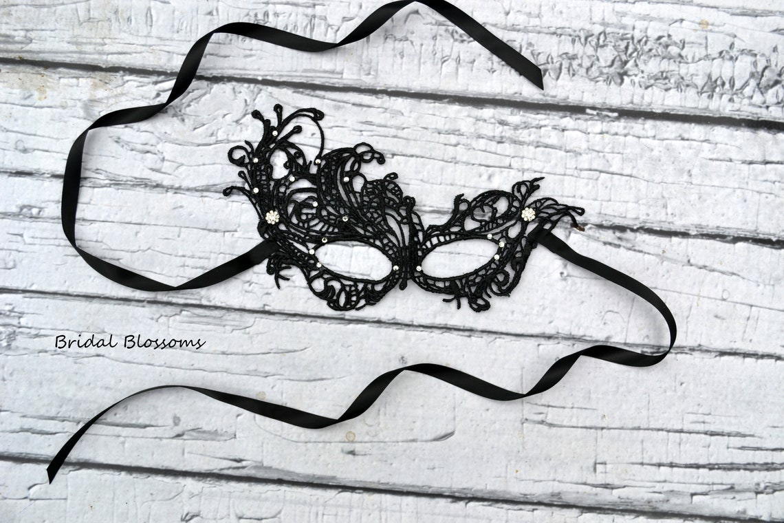 Rhinestone Embellished Black Lace Masquerade Mask Embroidery - Etsy