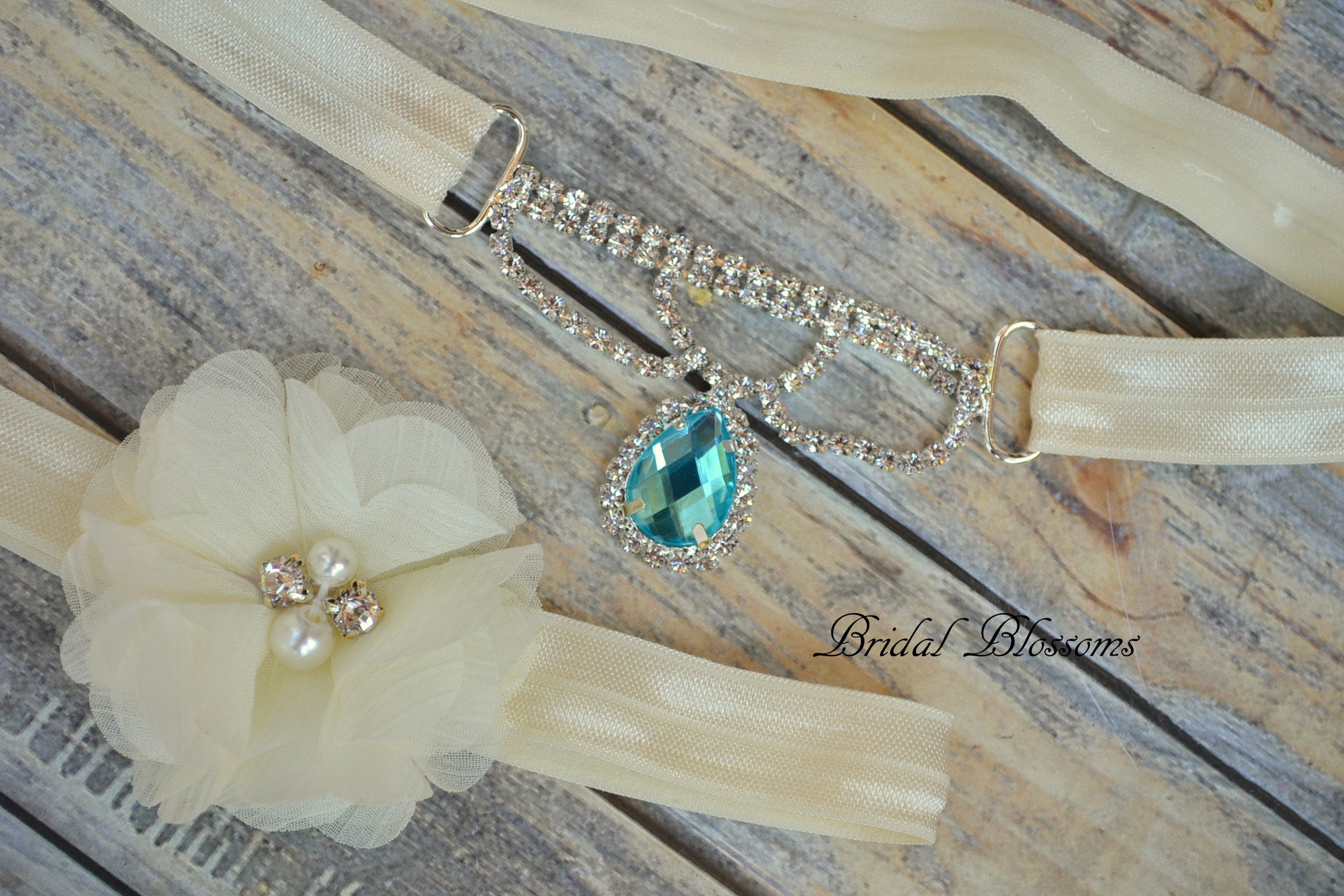 Rhinestone Bridal Garter Set | Aqua Jewel Ivory Elastic Garters Flower ...
