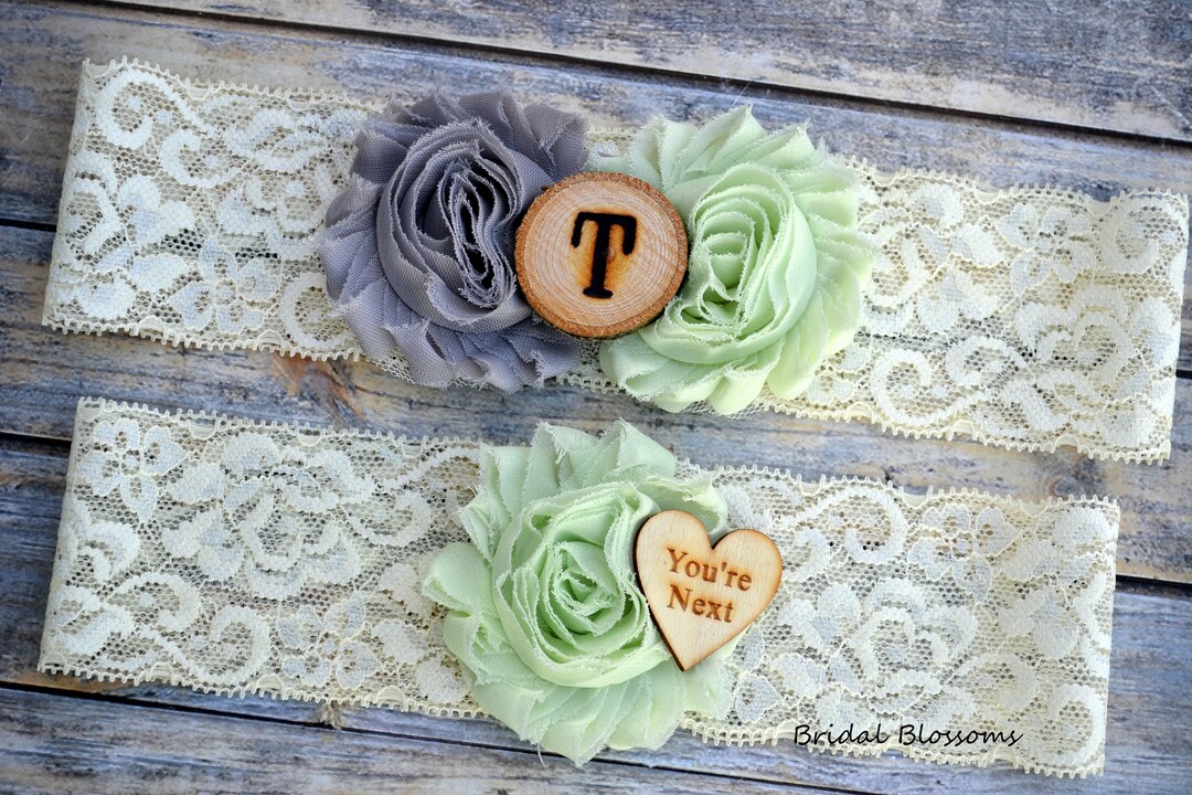 NO-SLIP Mint Green Gray Ivory Bridal Garter Set With Initial Flower ...