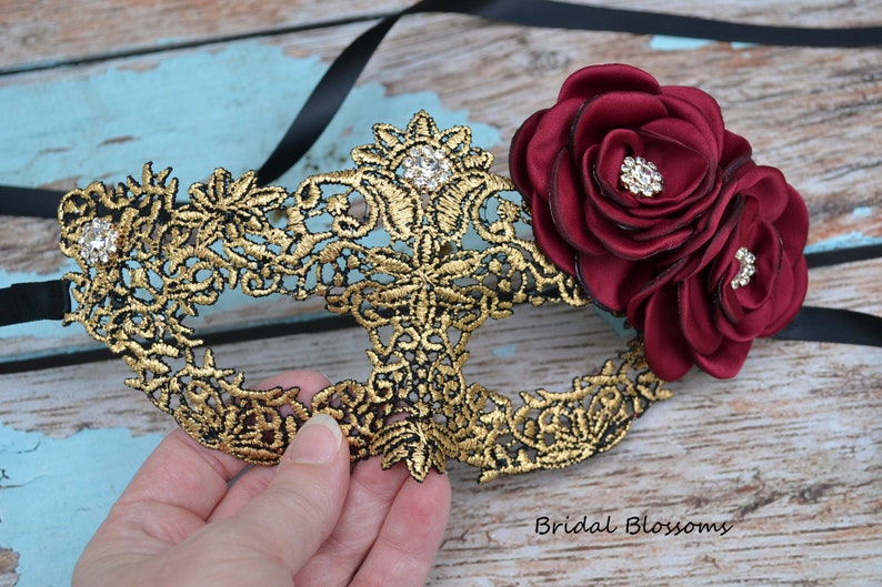 Elegant Lace Masquerade Mask | Burgundy Black Gold Lace Mask Optional ...
