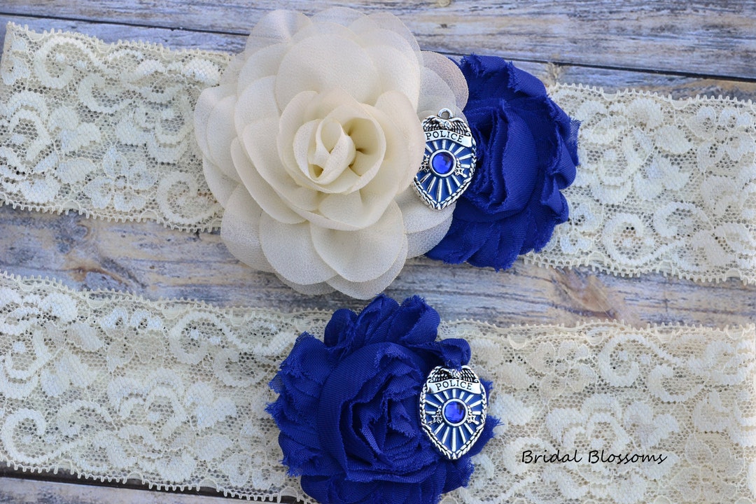 Police Royal Blue Ivory Bridal Garter Set Wedding Garters Flower Lace ...