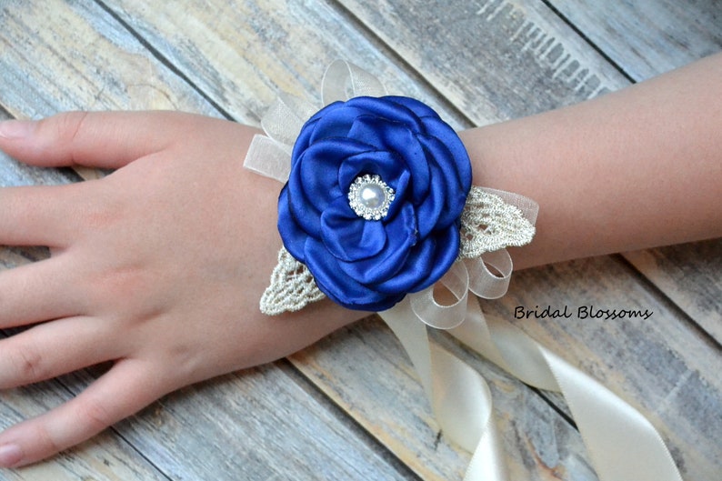 Child Royal Blue Ivory Flower Wrist Corsage | Vintage Inspired Wedding ...