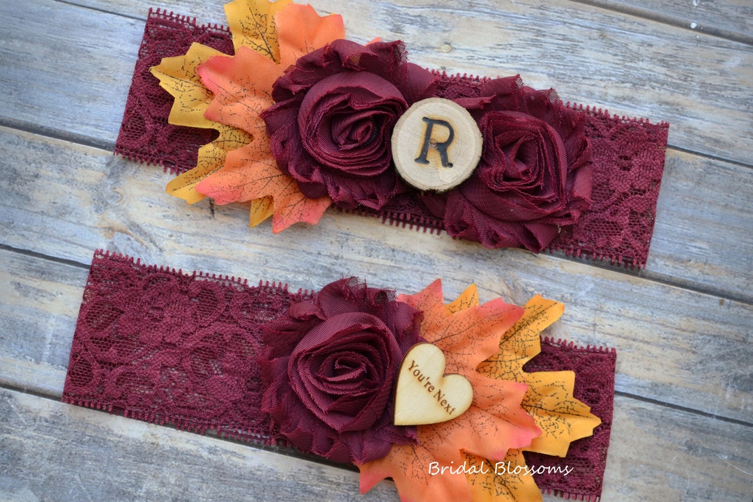 Burgundy Leaf Bridal Garter Set With Initial | Chiffon Flower Garters ...