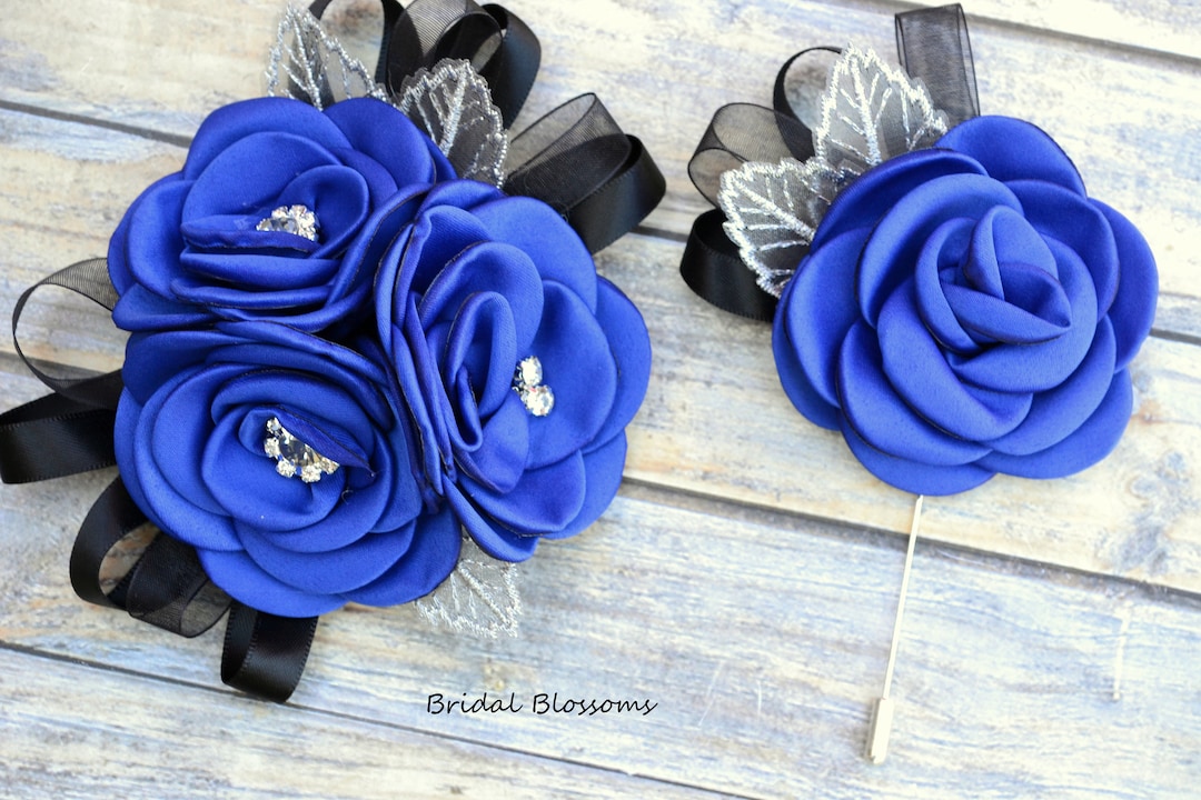 Royal Blue Black Silver Flower Wrist Corsage & Boutonniere | Vintage ...