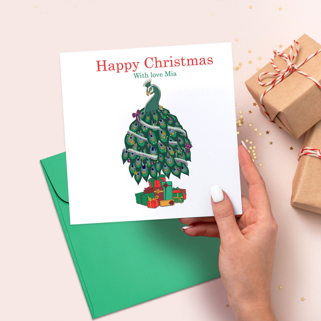 Personalised Peacock Christmas Card, Unique Christmas Tree Card ...