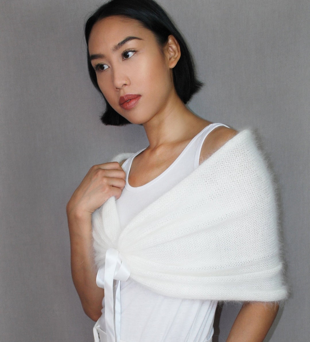 Bridal Shoulder Stole - Angora - Satin Ribbon Ties- Knitted Accessories ...
