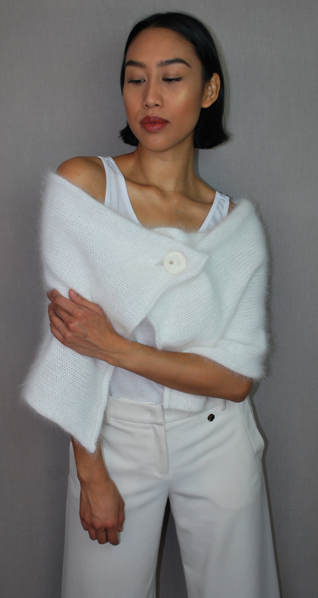 Bridal Capelet With Mother of Pearl Button, Soft Cosy Angora, Knit ...