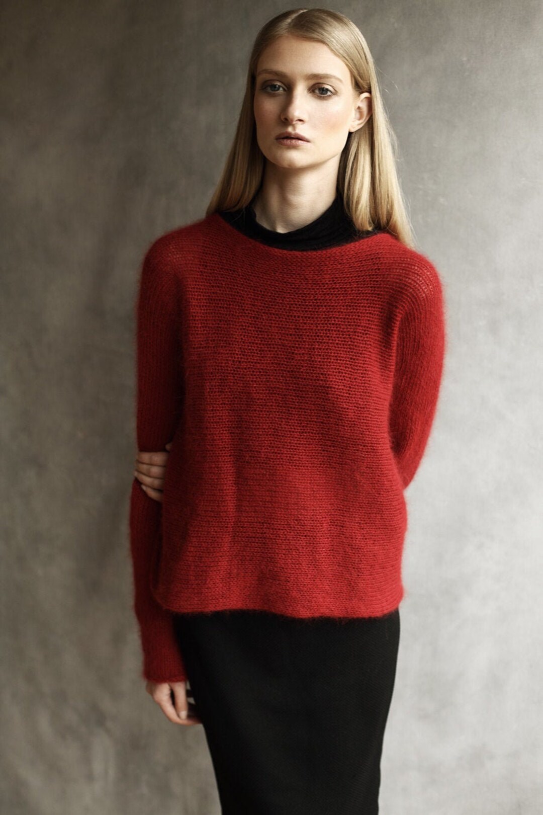 Angora Fluffy Sweater, Red Boat-neck Pullover, Soft Furry Ethical ...