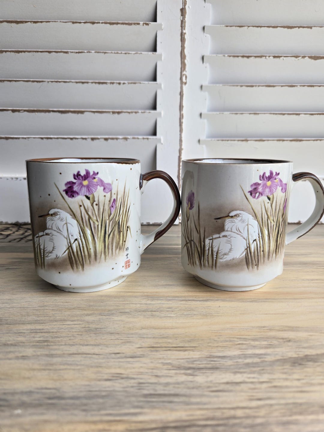 Speckled Stoneware Mugs Iris and Cranes Design Signed by Artist Made in Japan Pair of Mugs - Etsy