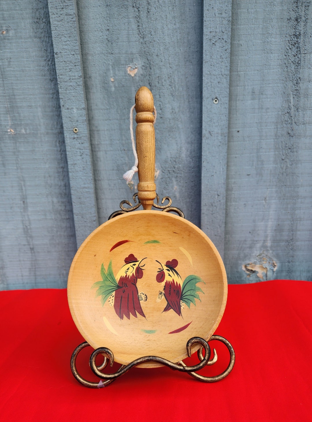 Vintage Hanging Wooden Rooster Bowl Snack Skillet Folk Art Country ...