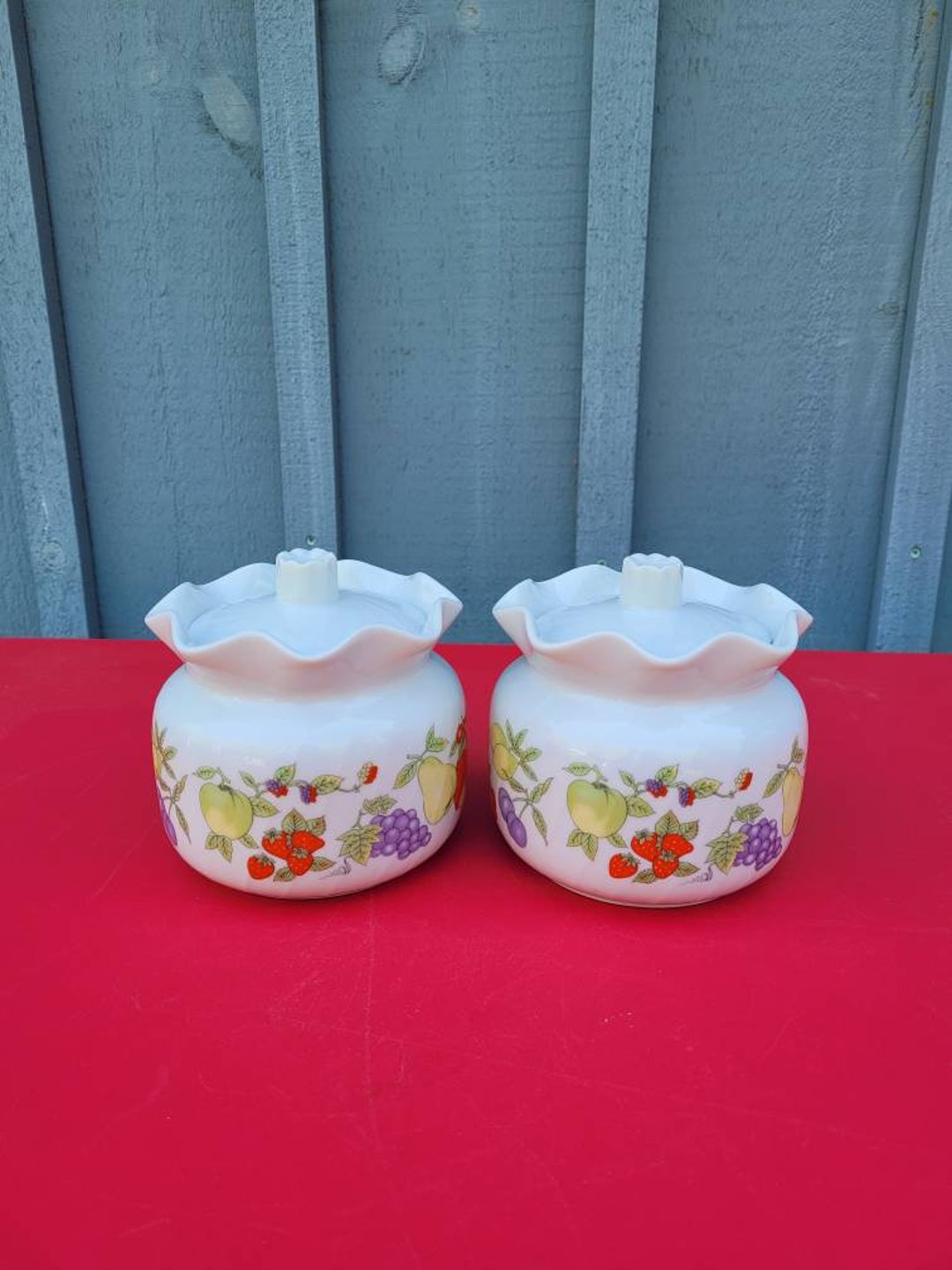 Vintage White Porcelain Ruffle Swirl Fruit Design Lidded Jars Milk ...